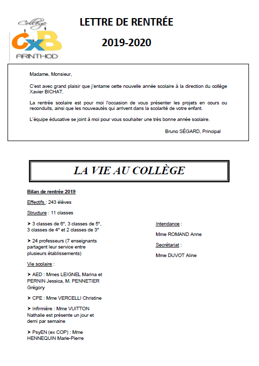 Lettre de rentrée de M. le principal aux parents d’élèves – Collège ...